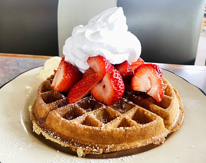 Breakfast or dessert? When waffles come topped with fresh strawberries and whipped cream, the answer is always "yes."