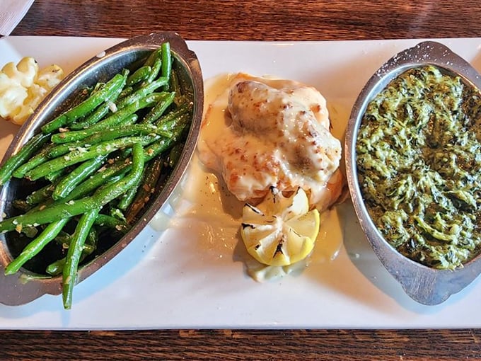 A seafood trifecta that would make Neptune jealous&mdash;perfectly cooked fish flanked by vibrant green beans and something deliciously creamy.