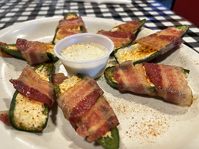 Bacon-wrapped jalape&ntilde;os with ranch dipping sauce&mdash;proof that sometimes the best relationships are the ones that hurt you a little.