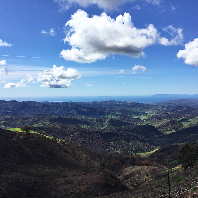 From Sulphur Mountain's heights, the Ojai Valley unfolds like a topographical dream, with mountains embracing farmland in a geological hug.