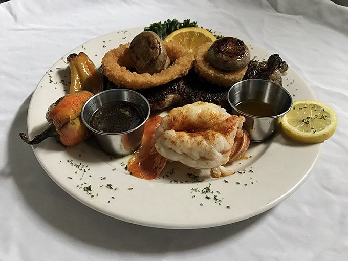 The surf and turf platter &ndash; where land meets sea in perfect harmony. Those mushroom caps are the unsung heroes of this protein paradise.