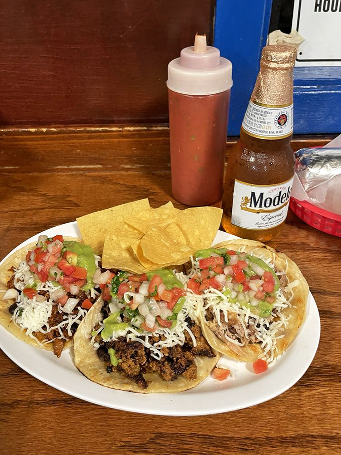 The holy trinity: tacos, chips, and a cold Modelo. Some people meditate for inner peace; I prefer this arrangement.