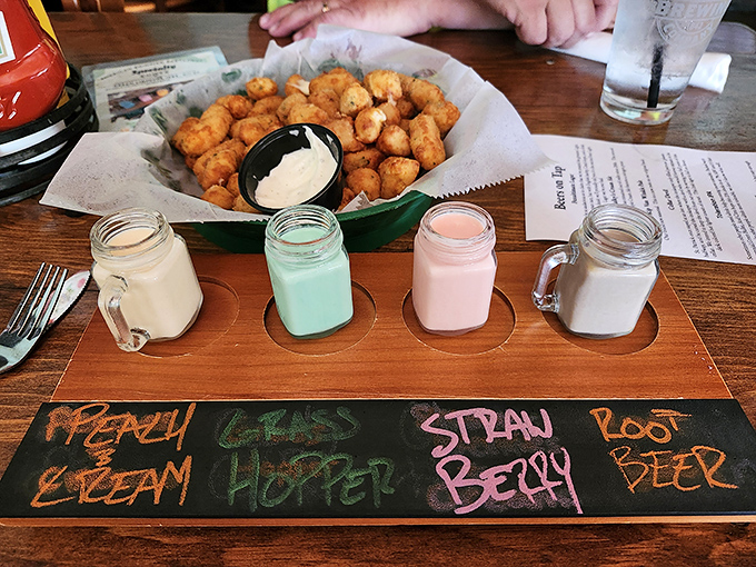 Tater tots elevated to an art form with a rainbow of dipping sauces. The chalkboard labels them, but your taste buds will remember them.
