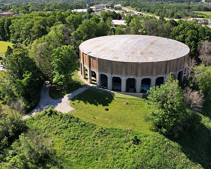The Taylor Hill Water Reservoir stands like a modern colosseum, a circular monument to civic infrastructure amid rolling Wisconsin greenery.