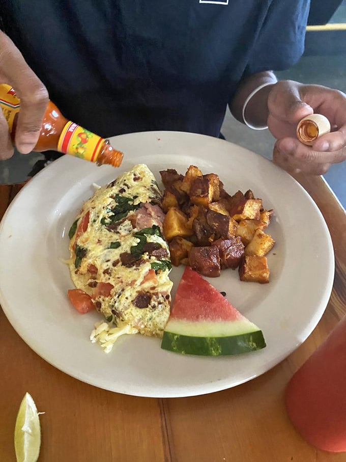 The Texas Omelette arrives loaded with local pride and enough filling to fuel your entire day. 