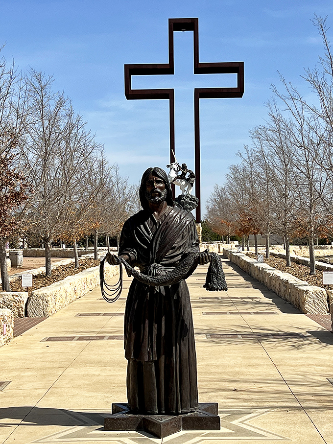 The Coming King Sculpture Prayer Garden's towering cross stands as both a spiritual landmark and an impressive feat of engineering.