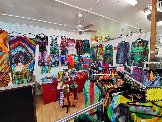 The tie-dye booth: where your inner Deadhead meets your outer Florida retiree. Technicolor vacation wear that screams "I'm having more fun than my neighbors."