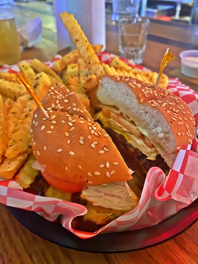 A sandwich that doesn't need filters to look good. The sesame-studded bun cradles its contents like precious cargo on a delicious voyage.