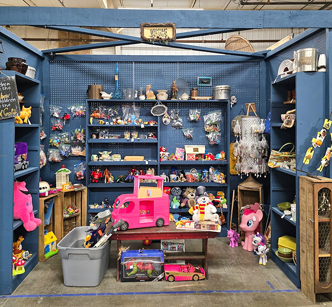 Childhood dreams, neatly organized. This blue-walled wonderland of toys spans generations &ndash; from Barbie's pink convertible to My Little Pony's colorful squad.