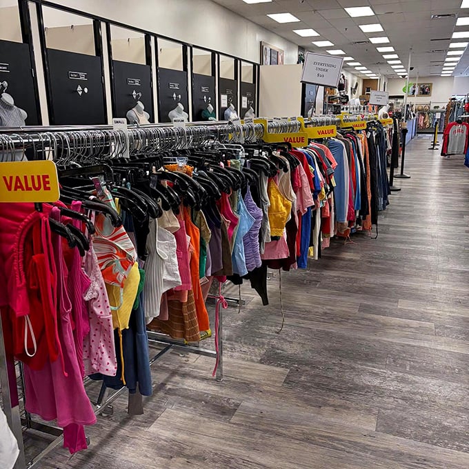 Organization that Marie Kondo would approve. VALUE signs mark the spots where your wallet and wardrobe can both spark joy.