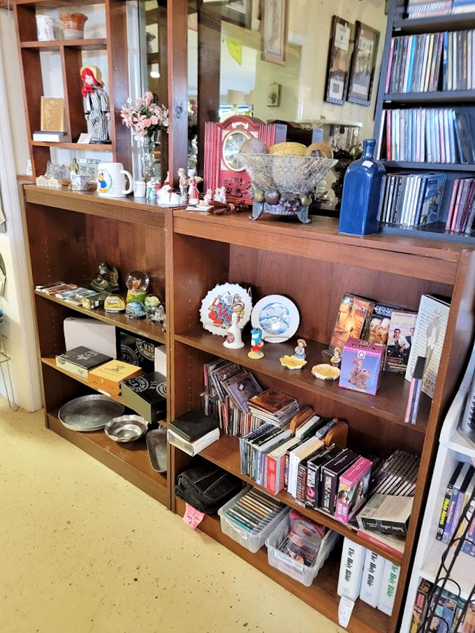 Decorative treasures line the shelves like a curated museum of American home design through decades.