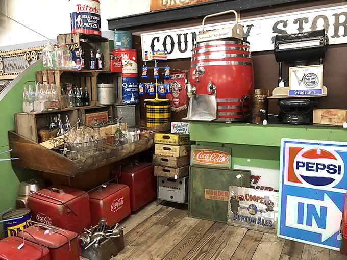 The vintage soda display isn't selling refreshments; it's selling childhood memories at a reasonable markup, nostalgia included.