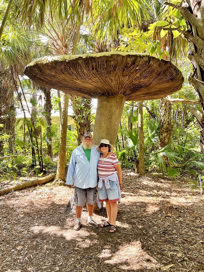 The giant mushroom sculpture provides perfect shade for garden visitors. Alice in Wonderland would feel right at home here.