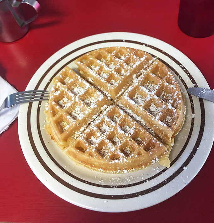 A waffle so perfectly golden and symmetrical it could teach geometry classes. That dusting of powdered sugar isn't decoration—it's the final blessing.