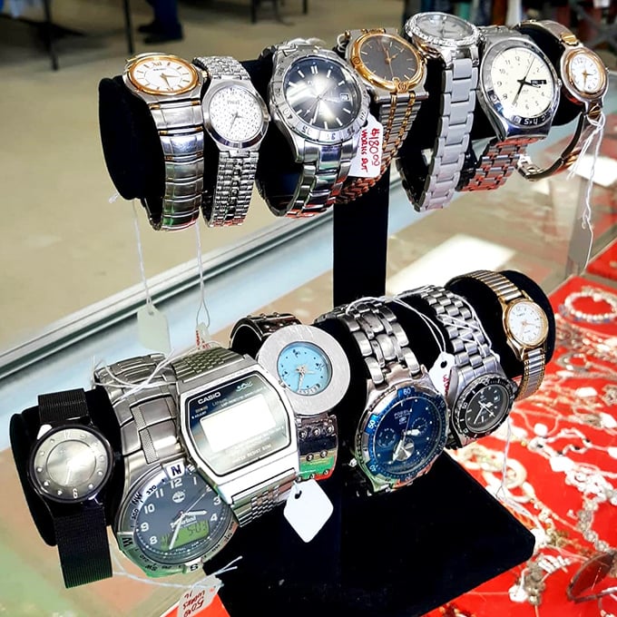 Time stands still in the watch display, where vintage timepieces wait to adorn new wrists and tell stories of decades past.