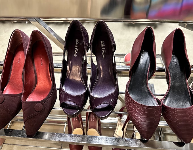 Ruby, purple, and burgundy heels lined up like fine wines, each with its own distinctive character. Cinderella would have multiple options at this ball!