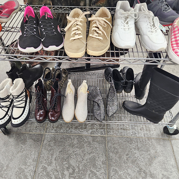 Footwear fantasies arranged in neat rows, from practical sneakers to statement-making boots. These shoes have walked interesting paths before yours.