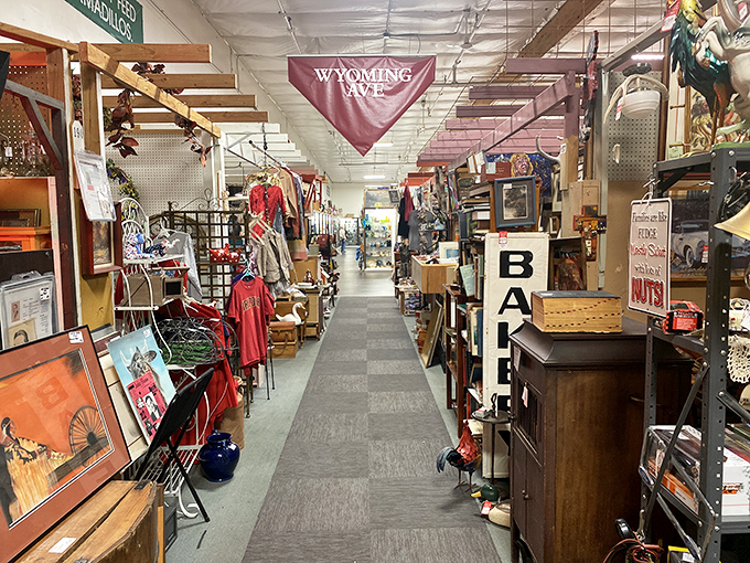 Wyoming Avenue's banner hangs proudly above this aisle, where western memorabilia mingles with everyday artifacts from simpler times.