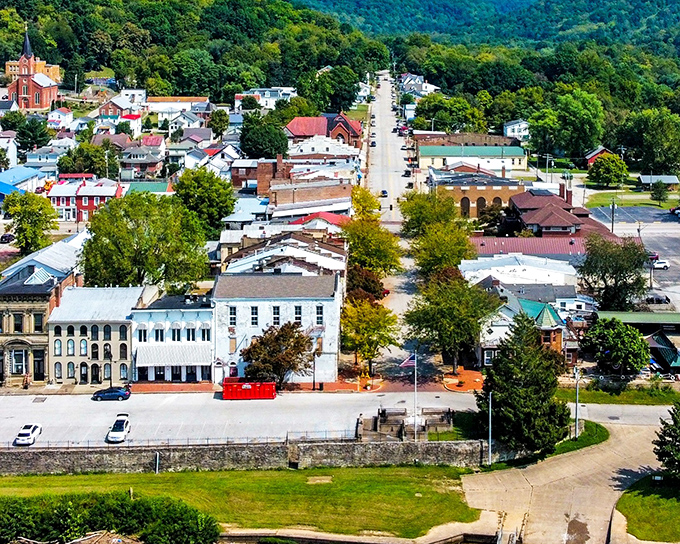 Lined with historic buildings and framed by wooded hills, this vibrant Ohio town exudes timeless charm and a proud sense of place along its central, bustling avenue.