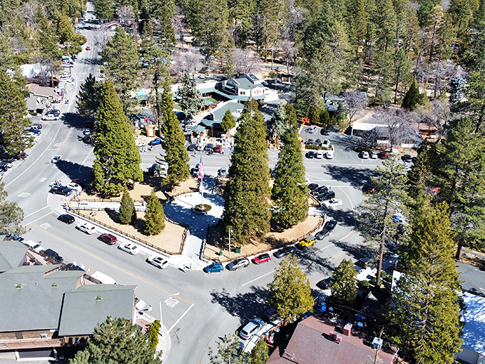 Downtown Idyllwild from above &ndash; where cars look like toys and every road leads to another postcard-worthy adventure.