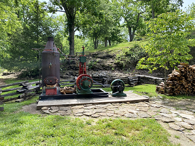 Industrial poetry in metal and rust. This antique machinery once played a vital role in the cavern's operations&mdash;the unsung hero of underground exploration.