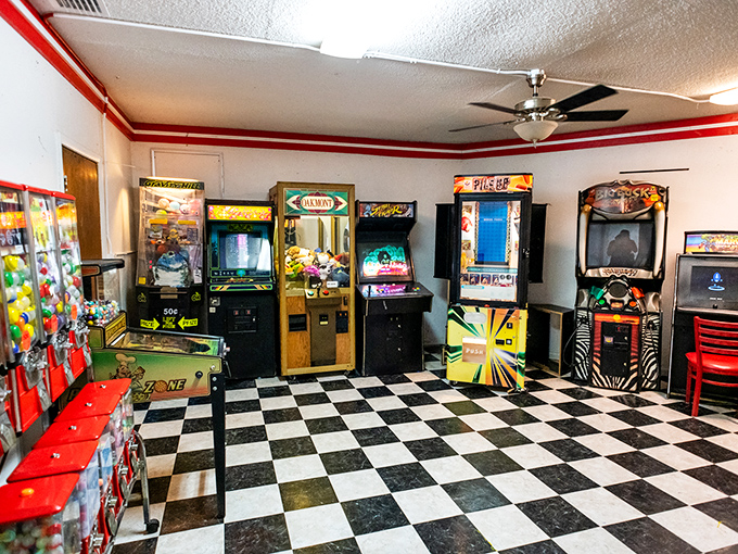 The arcade room's checkerboard floor and vintage games offer a perfect intermission activity&mdash;where parents can show kids they once had lightning-fast thumbs too.