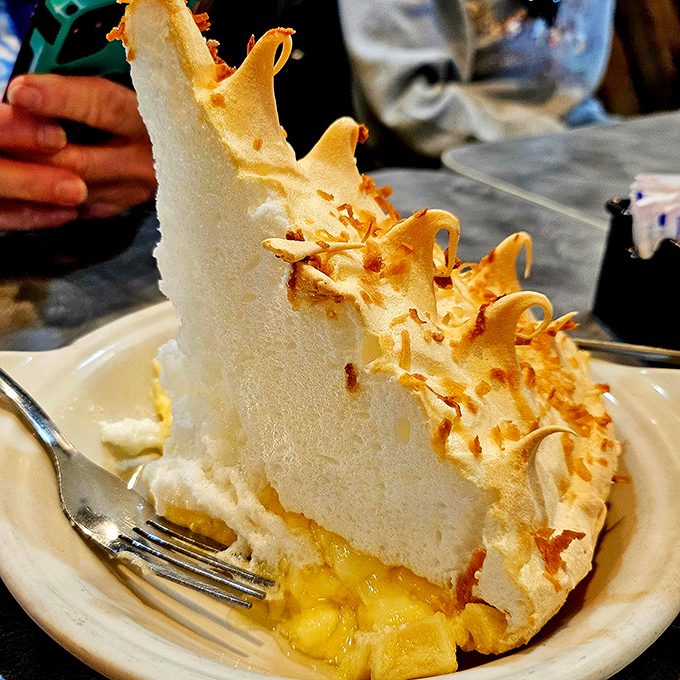 Behold the architectural wonder that is their meringue pie—towering like a delicious skyscraper with toasted coconut shingles on top.