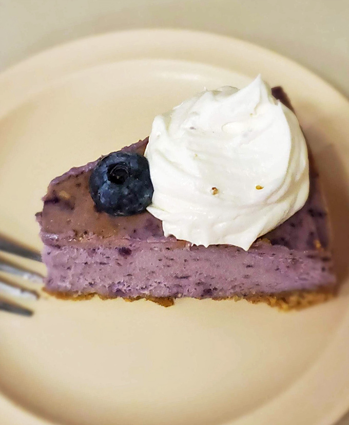 Blueberry cheesecake that's unapologetically purple, topped with whipped cream and a single berry—dessert that doesn't need a filter to impress.