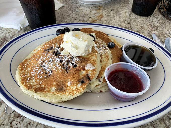 Blueberry pancakes that don't just carry the restaurant's name&mdash;they earn it. Fluffy discs dotted with berries and topped with a cloud of whipped cream.