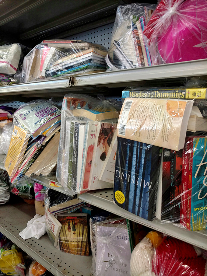 Books wrapped like precious cargo, waiting for curious minds to unwrap their stories. "Windows for Dummies" might be the most honest title in publishing history.