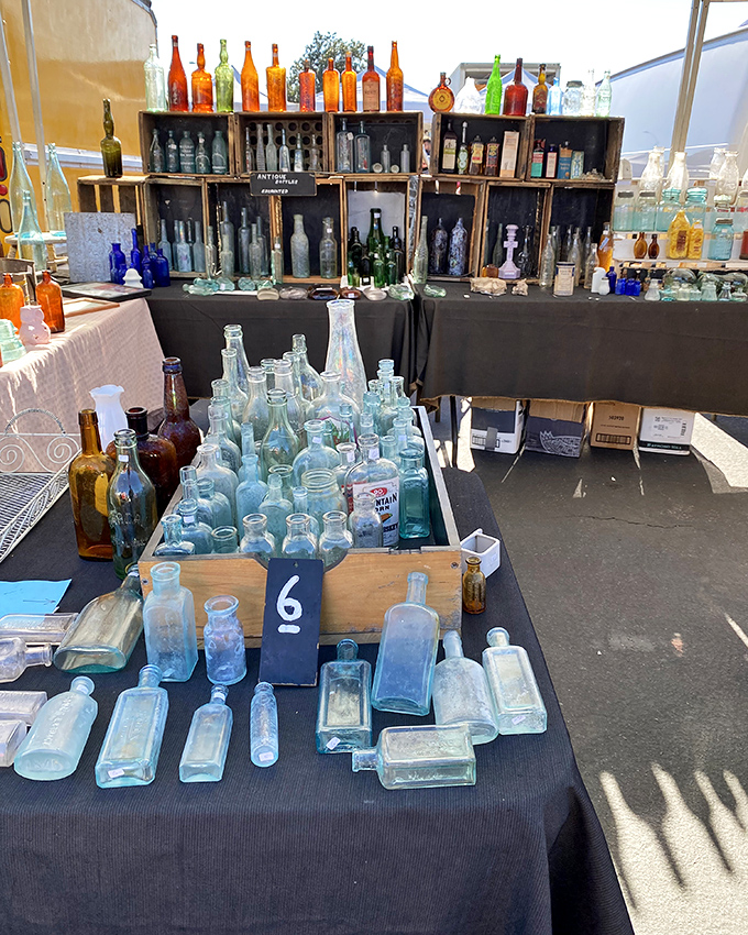 A sea of vintage glass catches the California sun. Each bottle holds not just air but decades of stories and perfect mantel potential.