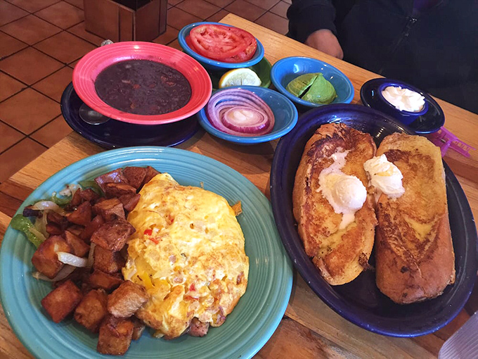 A breakfast fiesta that puts ordinary morning meals to shame. The French toast looks like it's auditioning for a food magazine cover &ndash; and getting the part.