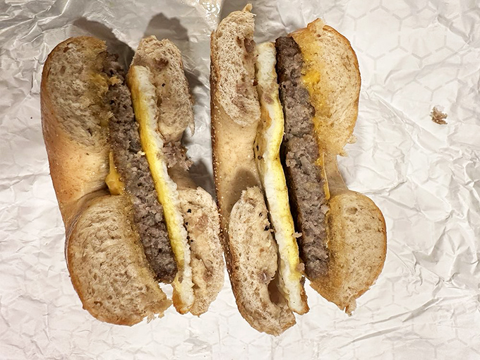 This breakfast sandwich doesn't need fancy aioli or artisanal bread to make its point—just honest ingredients between two halves of a bun.