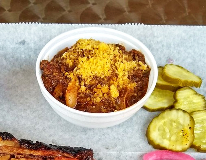 Brisket chili topped with cornbread crumbles. When comfort food gets a smoky upgrade, resistance becomes futile.