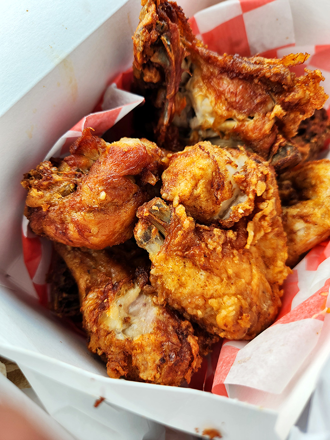 A box of broasted chicken that should come with a warning label: "May cause involuntary food moans and the immediate planning of your next visit."