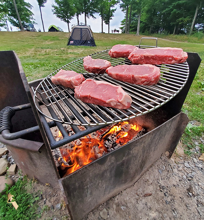 Primal pleasures: Nothing complements a day of stargazing like thick-cut steaks sizzling over an open flame as twilight approaches.