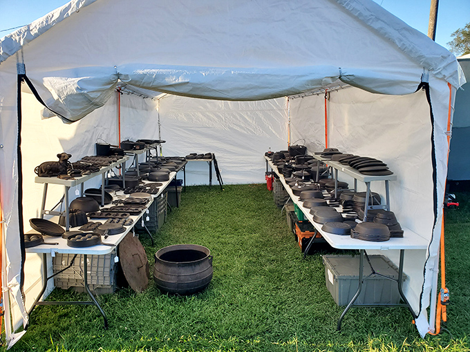 Cast iron heaven under canvas. These seasoned beauties have been cooking Southern suppers since your grandparents were dating.
