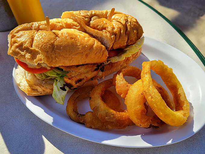 A sandwich that understands the assignment &ndash; hearty, fresh, and served with onion rings that look like edible halos of happiness.