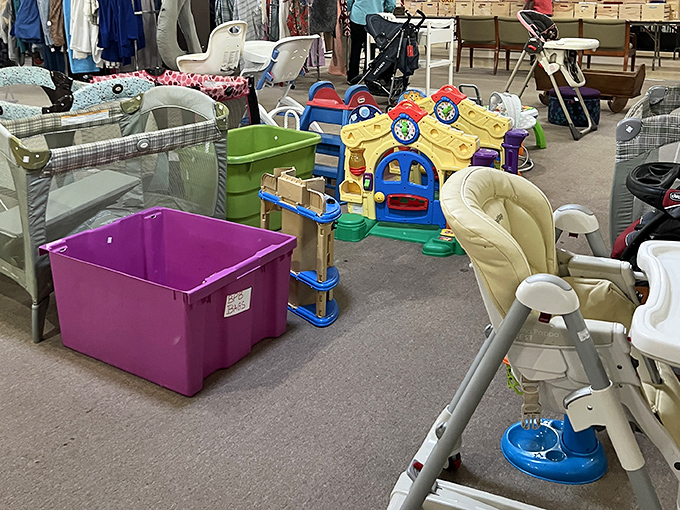 Children's gear organized better than most toy stores, where parenting budgets finally catch a much-needed break.