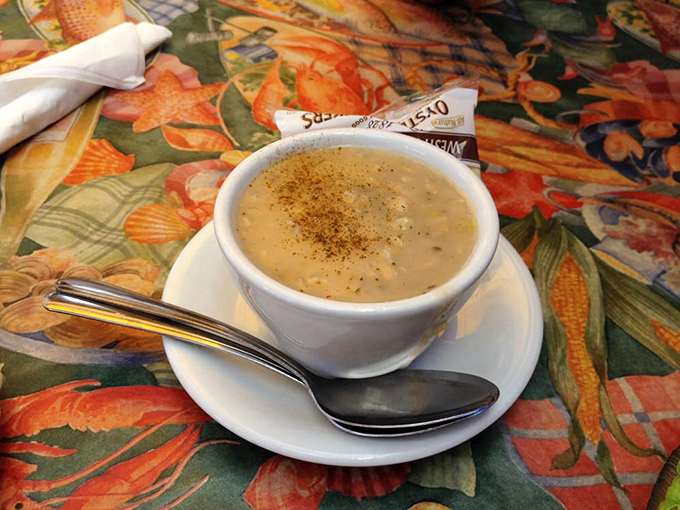 Clam chowder thick enough to float a spoon, creamy as a foggy morning in paradise.