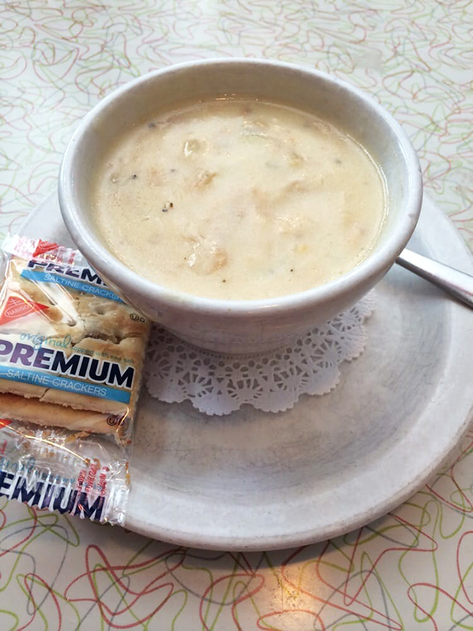The legendary clam chowder arrives with saltines on a doily&mdash;creamy, substantial, and honest as a handwritten thank-you note.