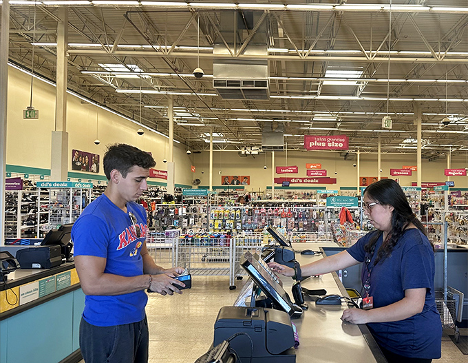 The promised land at journey's end&mdash;checkout counters where your $40 conquest transforms from shopping cart to shopping bags.