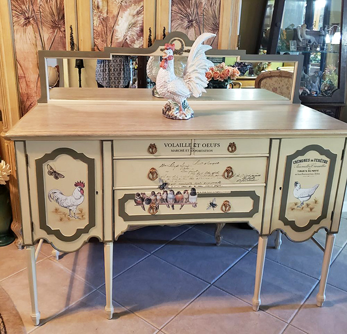 Farm-to-table? More like farm-on-table! This whimsical rooster-themed sideboard would make even Martha Stewart cluck with approval.