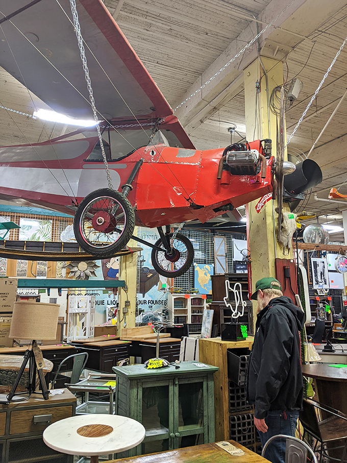 One shopper contemplates whether that red biplane overhead comes with the coffee table &ndash; stranger things have happened here.