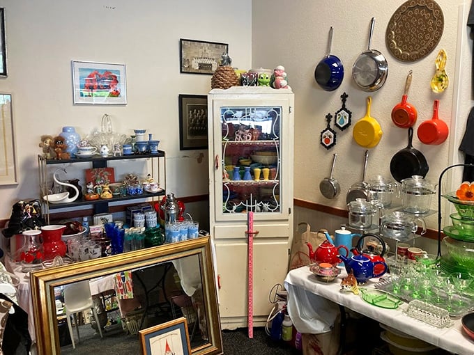 A corner that feels like stepping into your stylish grandmother's kitchen, complete with colorful enamelware that still has decades of use left.