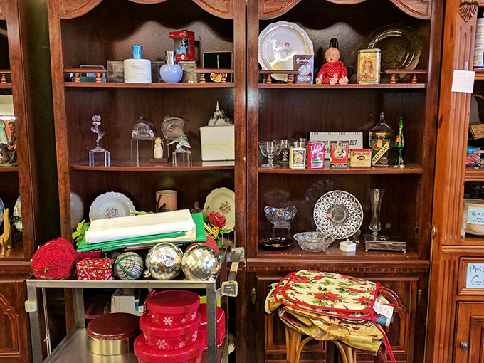 This wooden cabinet doesn't just hold knickknacks; it displays decades of American design sensibilities, one decorative plate at a time.