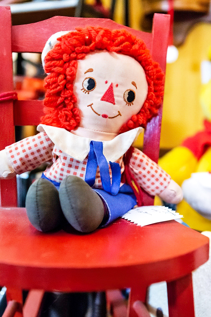 Hello, Raggedy Ann! This iconic cloth doll with her triangle nose and heart embroidered on her chest brings back memories of simpler playtimes.