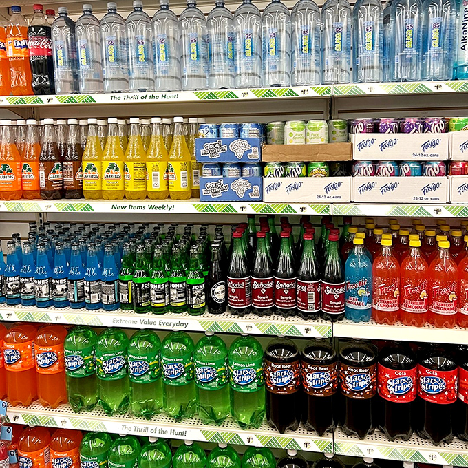 The beverage aisle: where nostalgia comes bottled in glass and plastic, offering fizzy trips down memory lane for pocket change.