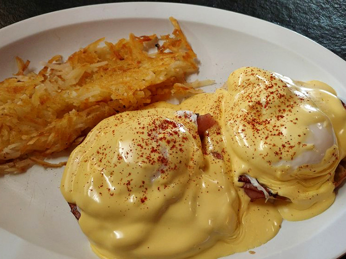 Eggs Benedict with a Southern accent. That hollandaise sauce looks so rich it probably has its own investment portfolio.