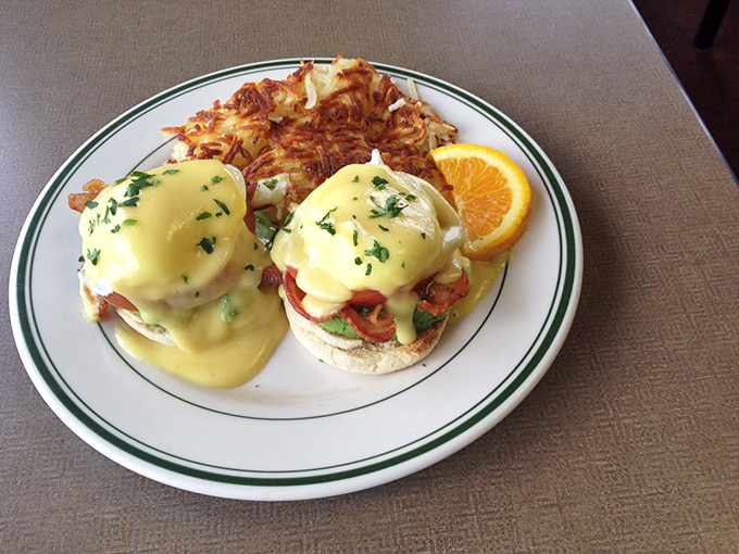 Eggs Benedict done right: poached perfection atop English muffins with hollandaise that actually tastes homemade.